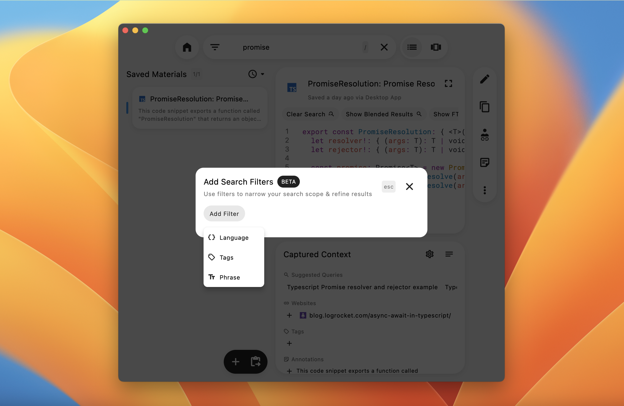 Search & filter code snippets in Pieces Drive | Pieces Docs